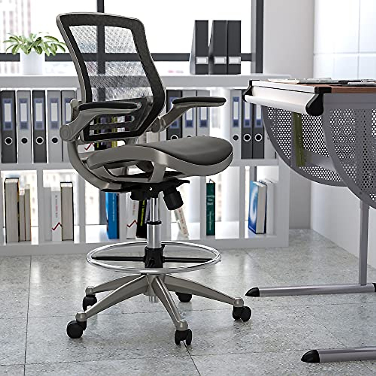 Flash Furniture Mid-Back Transparent Black Mesh Drafting Chair with Graphite Silver Frame and Flip-Up Arms