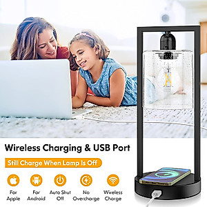 Wireless Charging Touch Control Table Lamp Set of 2, Dimmable Bedside Nightstand Lamps with USB Port, Industrial Desk Lamps for Bedroom Living Room Office Seeded Glass Shade, Bulbs Included