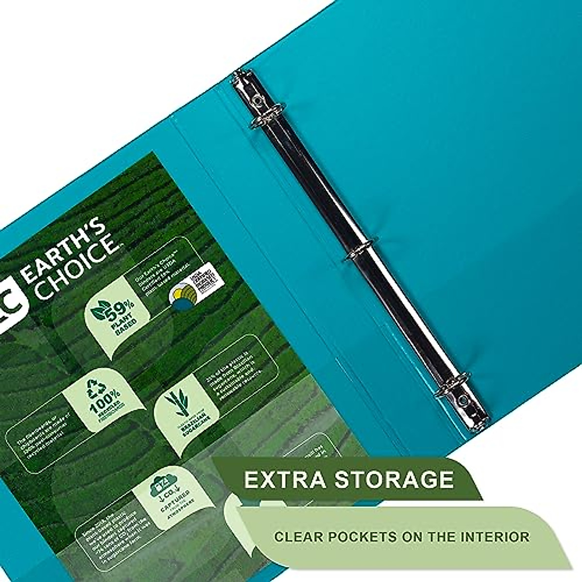 Samsill Earth’s Choice Biobased Durable Fashion Color 3 Ring View Binder, 1 Inch Round Ring, Up to 25% Plant Based Plastic, USDA Certified Biobased, Turquoise, Value Two Pack