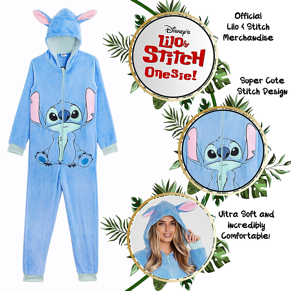 Disney Stitch Onesie, Easy to Wash Stitch Onesies, Adorable Stitch Pajamas for Women and Men, Fluffy Onesies for Teens and Adults, Ideal Zip Up Pajamas Gift, Blue Stitch, Medium