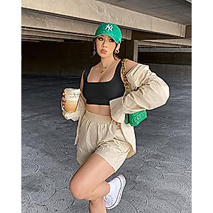 OLCHEE Women's 3 Pack Crop Tank Tops - Seamless Ribbed Sleeveless Square Neck Yoga Gym Shirts, Black Brown Beige Medium