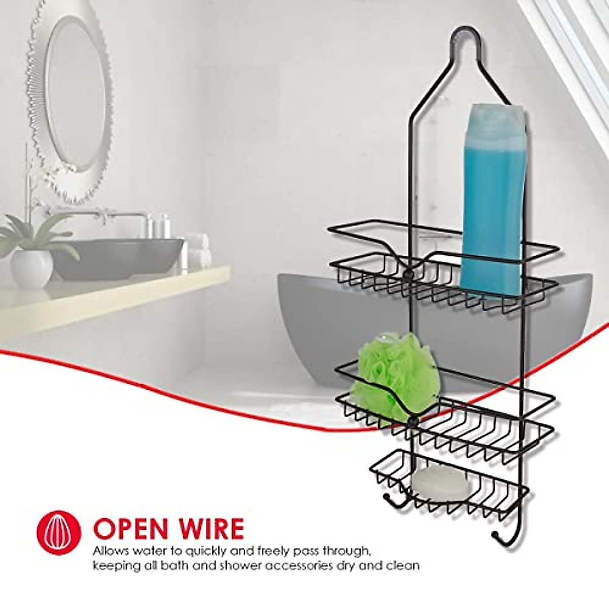 Home Basics Classic 2 Shelf Shower Caddy with Bottom Hooks and Center Soap Dish Tray, Bronze