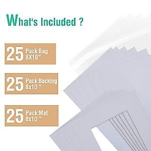 Acid Free 8x10 Pre-Cut Picture Mat Board Kit for 5x7 Photo, Includes 25 White Core Bevel Cut Mattes, 25 Backing Boards, 25 Crystal Clear Bags