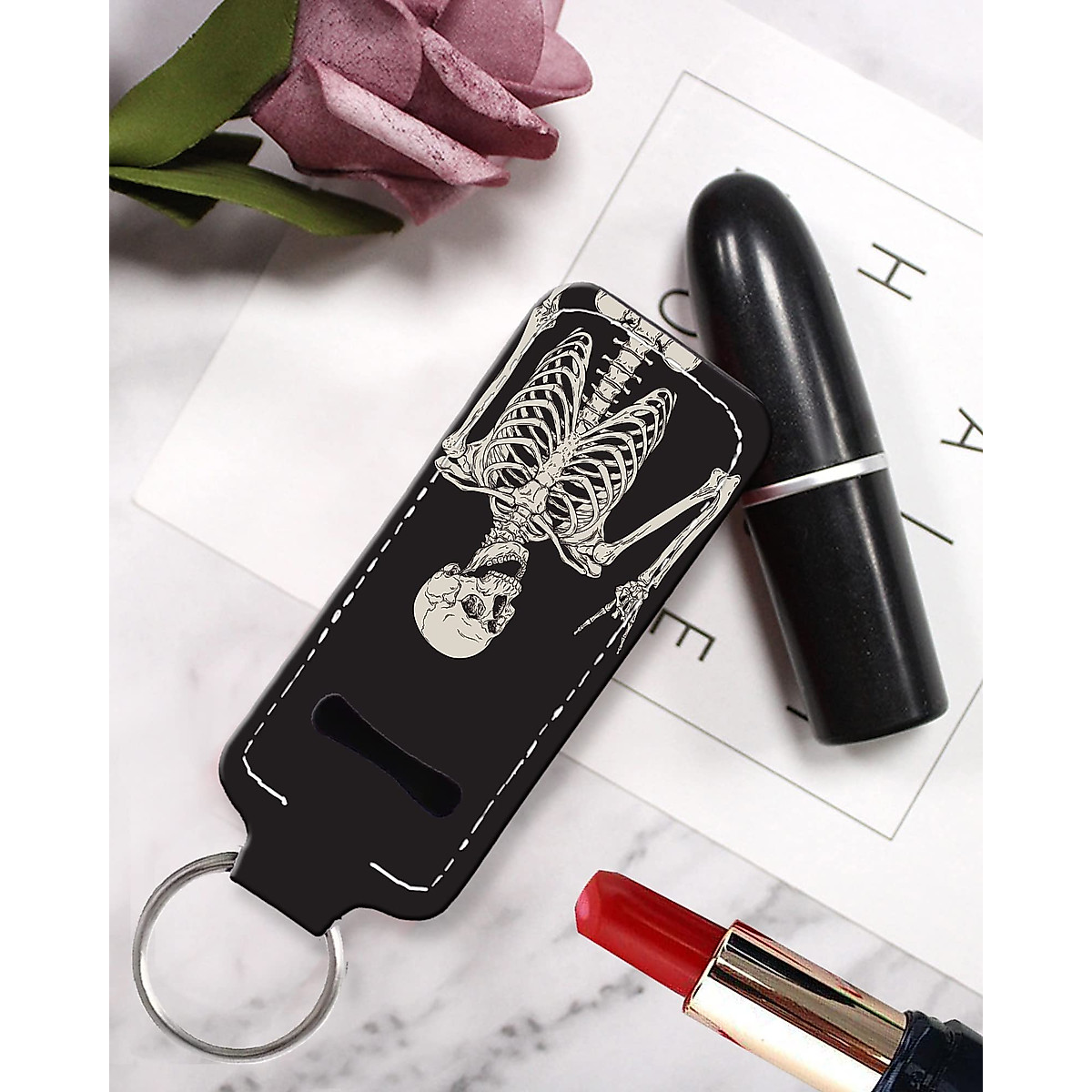 KLLRO RUO Chapstick Holder Keychain Fashion Lipstick Sleeve Lip Balm Portable Pocket Lip Gloss Tube Holder Clip-on Makeup Travel Accessories - Cool Skull Skeleton