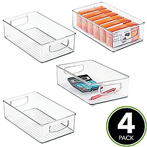 mDesign Small Plastic Office Storage Container Bins w/Handles for Organization in Filing Cabinet, Closet Shelf, Desk Drawers, Organizer for Notes, Pens, Pencils - Ligne Collection, 4 Pack - Clear