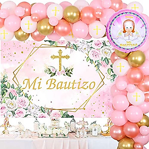 Mi Bautizo Party Decoration Pink White Balloon Garland Kit for Girls with Mi Bautizo Backdrop First Communion Confirmation Christening Decoration Baptism Party Decoration for Bautizo Baby Shower Party