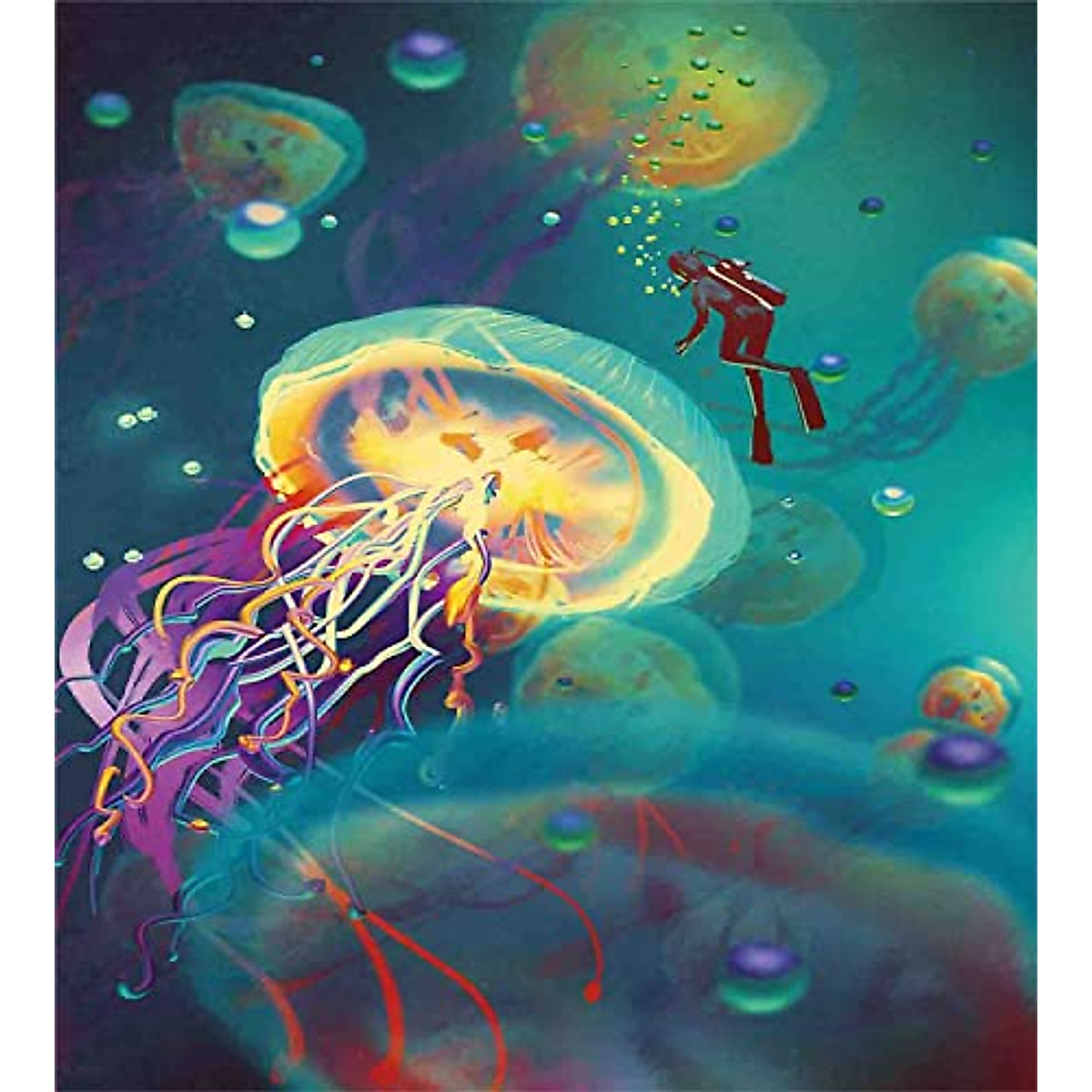 Ambesonne Fantasy Duvet Cover Sets, Giant Jellyfish and Diver in The Sea Underwater Submarine Aquatic Art Print, Bedding Set with 2 Duvet Covers 4 Pillowcases, 2 Pack Cal King Size, Teal Purple