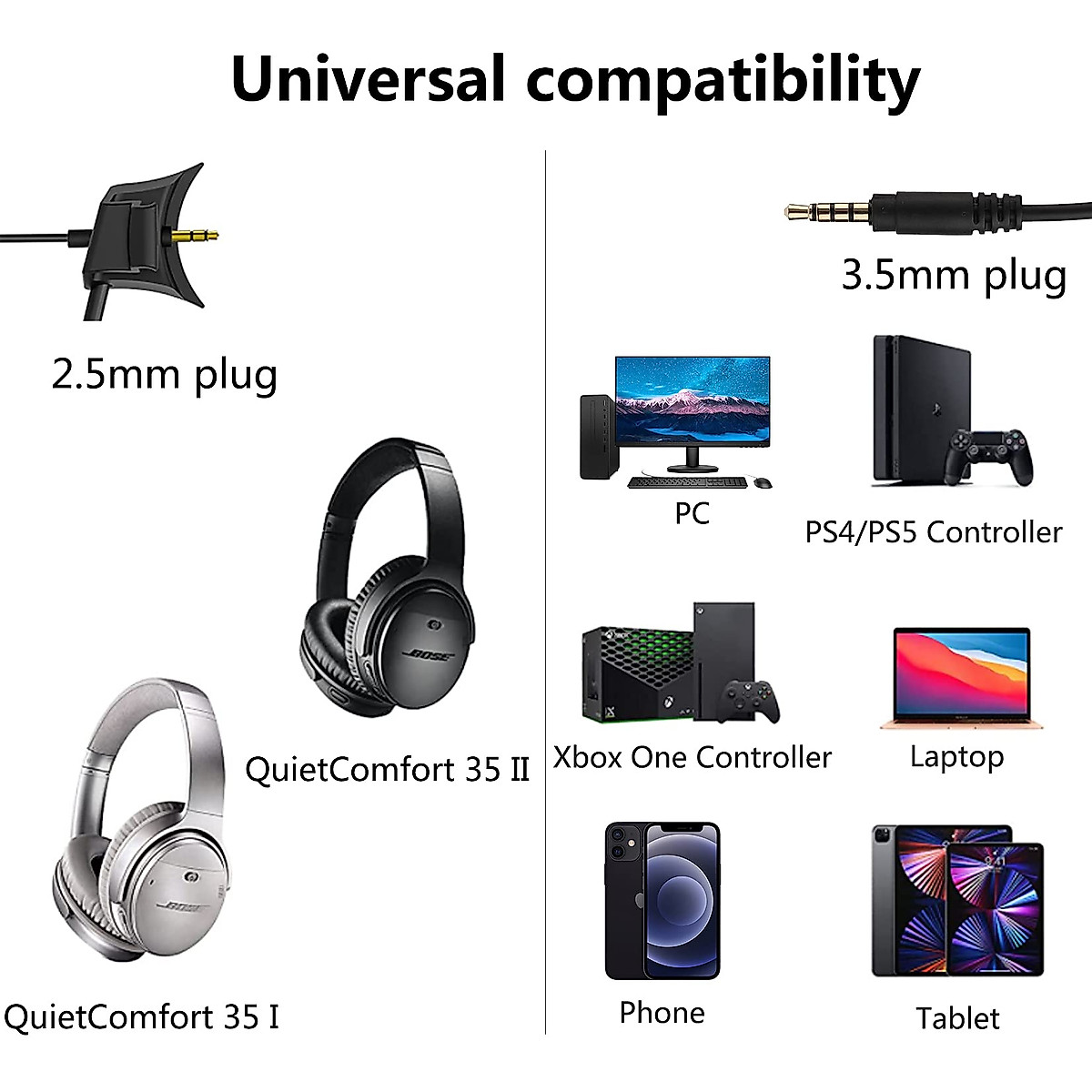 Uberwith Boom Microphone Cable Noise-Cancelling Replacement Compatible with Bose QC35 & QC35 II Headphones with Volume Control and Mute Switch for PC, Laptop, PS4, PS5, Xbox One Controller