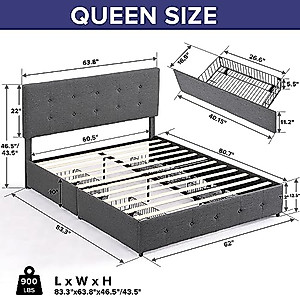 Livavege Upholstered Queen Size Platform Bed with 4 Storage Drawers and Headboard, Square Stitched Button Tufted, Queen Bed Frames for Kids, Teen & Adults, Wooden Slats Support, No Box Spring Needed