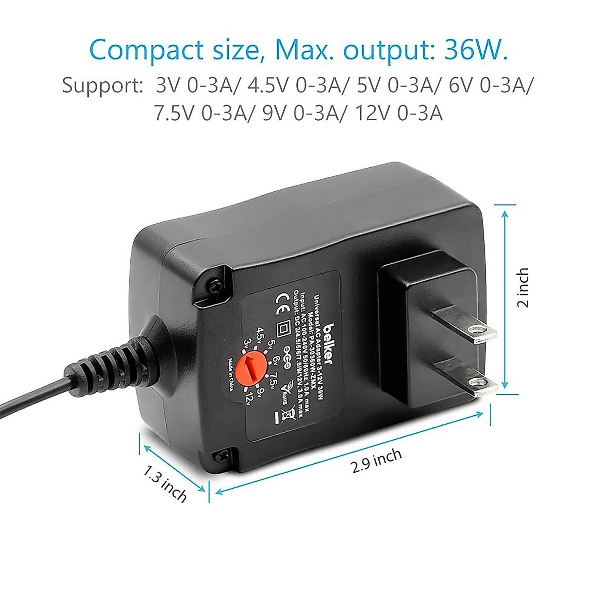 Belker 36W Universal 3V 4.5V 5V 6V 7.5V 9V 12V AC DC Adapter Power Supply for LCD LED Light Strip Router HUB Speaker Smart Phone TV Box 1A 1.5A 2A 2.5A 3A 3000mA Amp Max.
