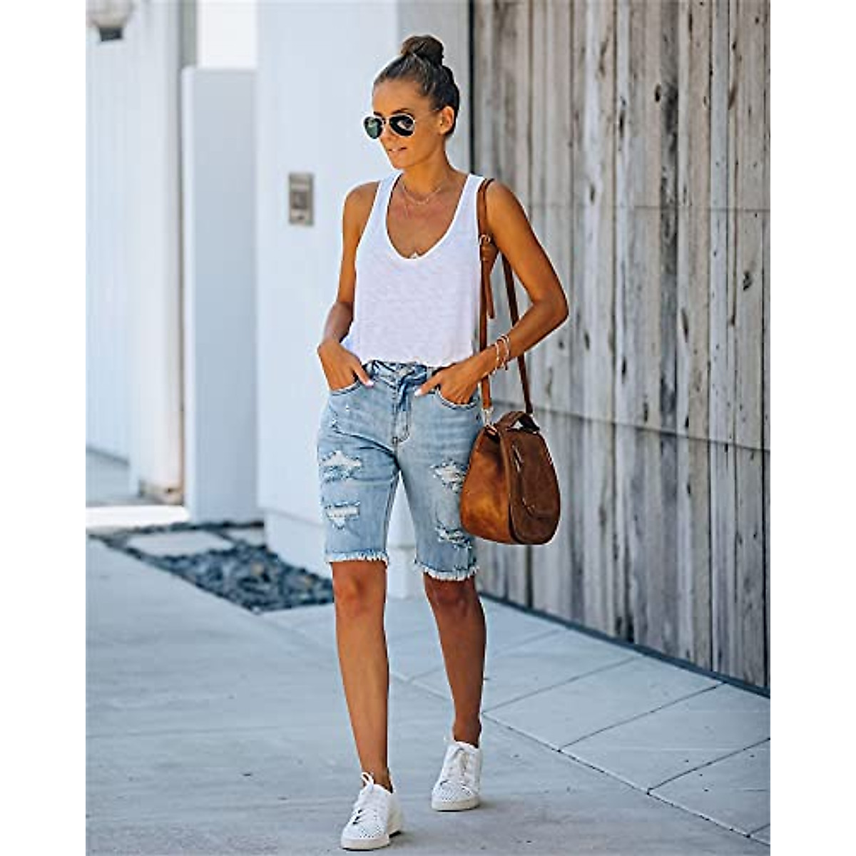 Women's Distressed Bermuda Jean Shorts Casual Summer Knee Lenght Jeans With Hole Stretchy Washed Ripped Short Denim Pants (Blue,Medium)