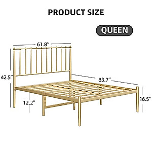 Amyove Queen Bed Frame Metal Platform Bed with Headboard, 14 Inches Metal Mattress Foundation for Storage, No Box Spring Needed, Easy Assembly, Modern, Gold