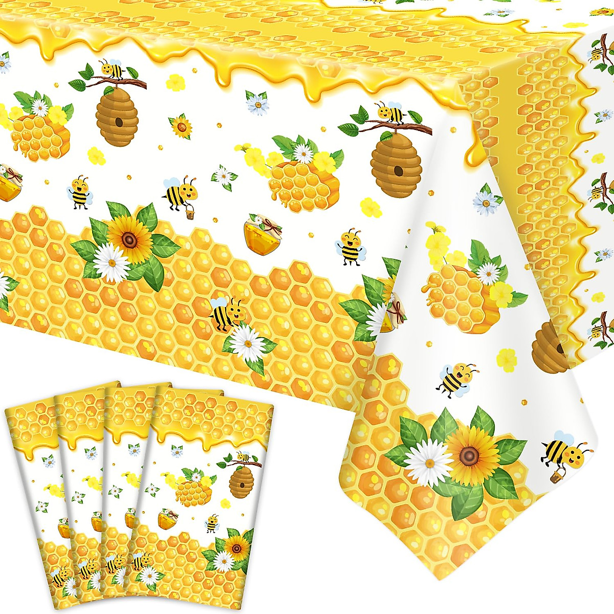 4 Pack Bee Tablecloth Happy Bee Day Tablecloths Rectangle Honey Bees Bumble Table Cover Bee Theme Party Tablecloth for Bee Baby Shower Bee Birthday Party Decorations 51 x 86 Inch