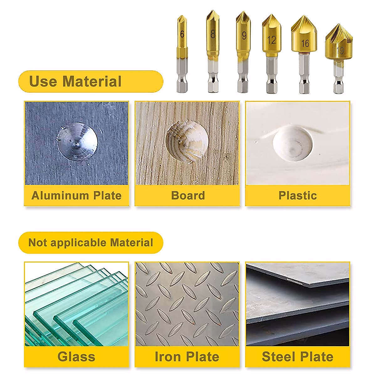 Countersink Drill Bit Set 6 Pcs 5 Flute Counter Sinker Drill Bits and 90 Degree Center Punch Tools HSS 1/4" Hex Shank for Wood Metal Quick Change 6-19mm (6)