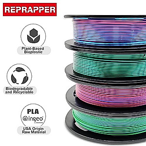 Reprapper 4X 250g Color Pack, Dual Color Filament Coextrusion PLA Filament 1.75mm for 3D Printer & 3D Pen, 4 x 250g Spools Matte Red/Blue, Matte Purple/Green, Silk Red/Blue, Silk Purple/Green