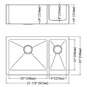 Dowell 10"/8" Deep Apron Front Farmhouse Undermount Double Bowl 32-7/8x20 Stainless Steel Kitchen Sink (16 Gauge, 6008 3320D)