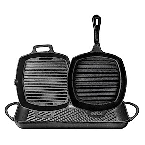 Bruntmor Pre Seasoned Cast Iron 3 Piece Grill Bundle Gift Set, Rectangular grill Pan, Grill Skillet, Square Grill Pan, Camping Cookware Set