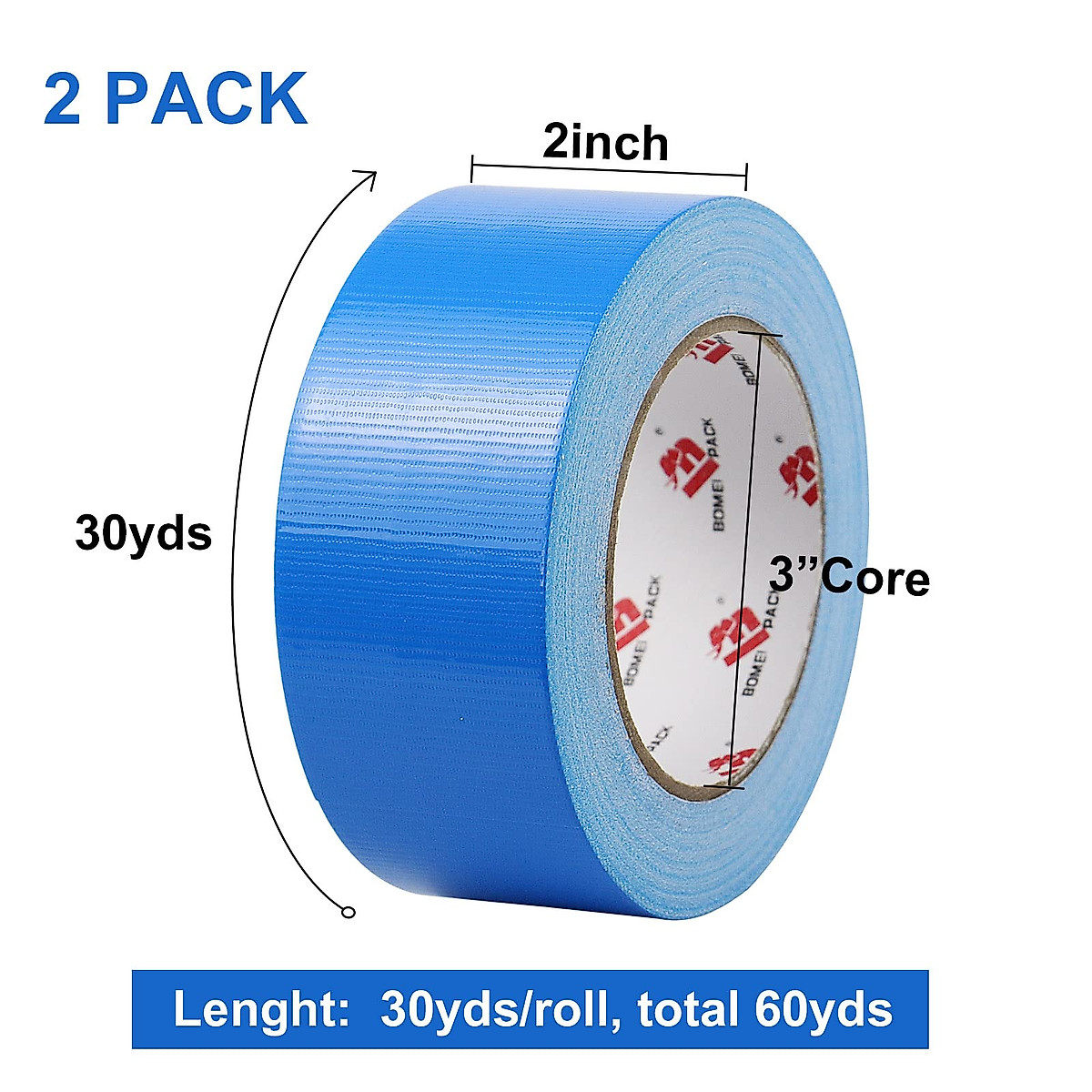 BOMEI PACK 3 Pack Blue Duct Tape Heavy Duty,2 Inch x 30 Yards,9 Mil Thick Heavy Duty Blue Tape Duct,Waterproof,No Residue,Flexible,Tear by Hand,Industrial Grade for Repairing,Fxing