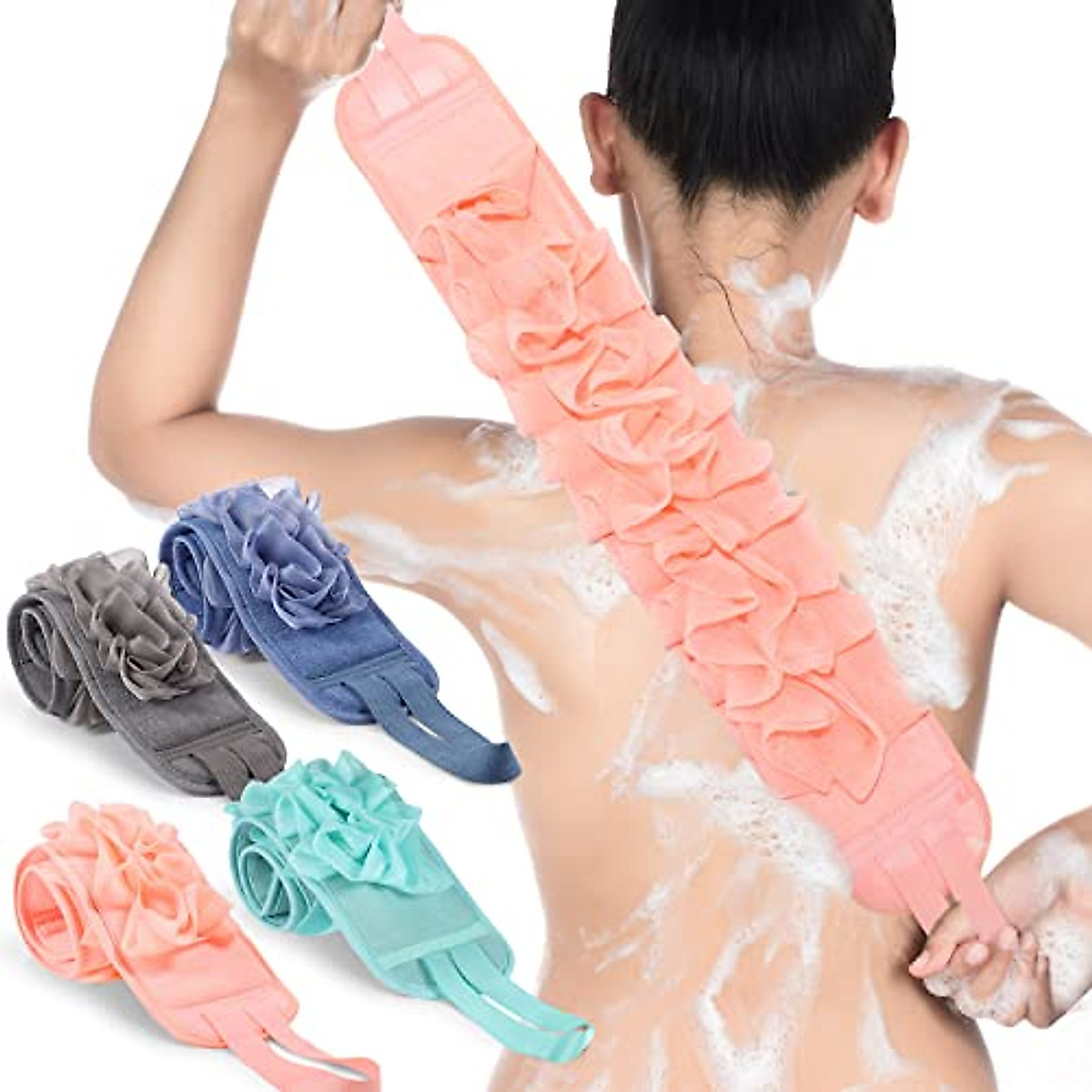 4 Pcs Exfoliating Back Scrubber for Shower Double Sided Exfoliating Cloth with Strap Handle Long Back Scrubber Cloth Body Scrubber Sponge Back Washer Cleaner for Women Men Deep Body Washing, 4 Colors