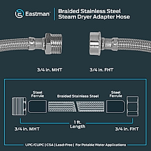 Eastman Steam Dryer Adapter Hose, 3/4 Inch FHT x 3/4 Inch FHT Connectors, 1 ft Braided Stainless Steel Hose, 41021