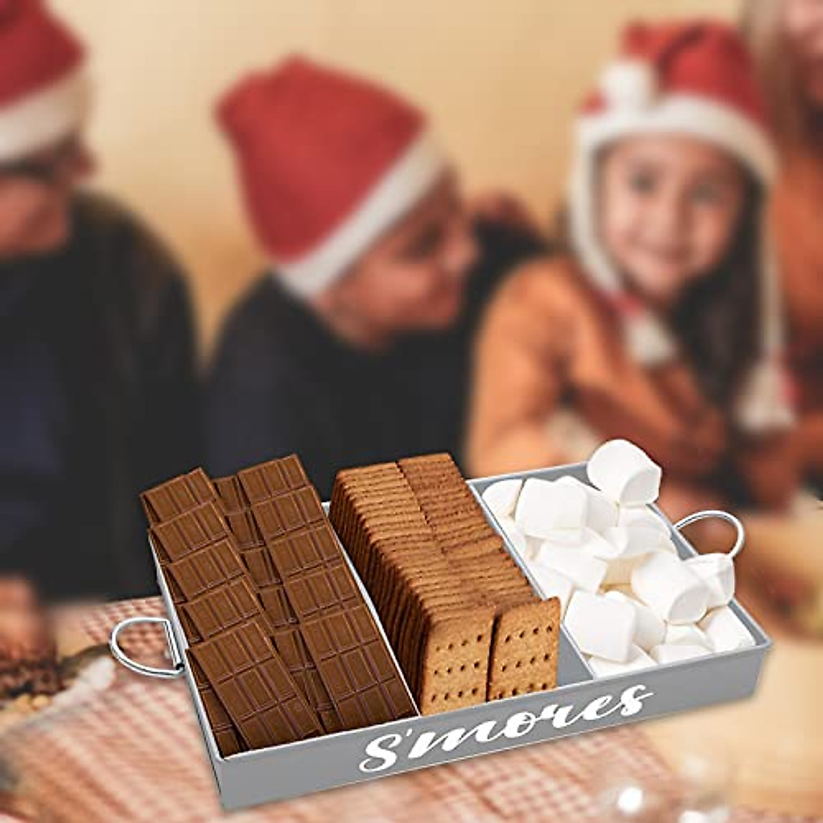 Webake Smores Tray with Food Tongs, Grey S'Mores Station Farmhouse S'Mores Bar Holder with Handles Rectangle Divided Metal Serving Tray