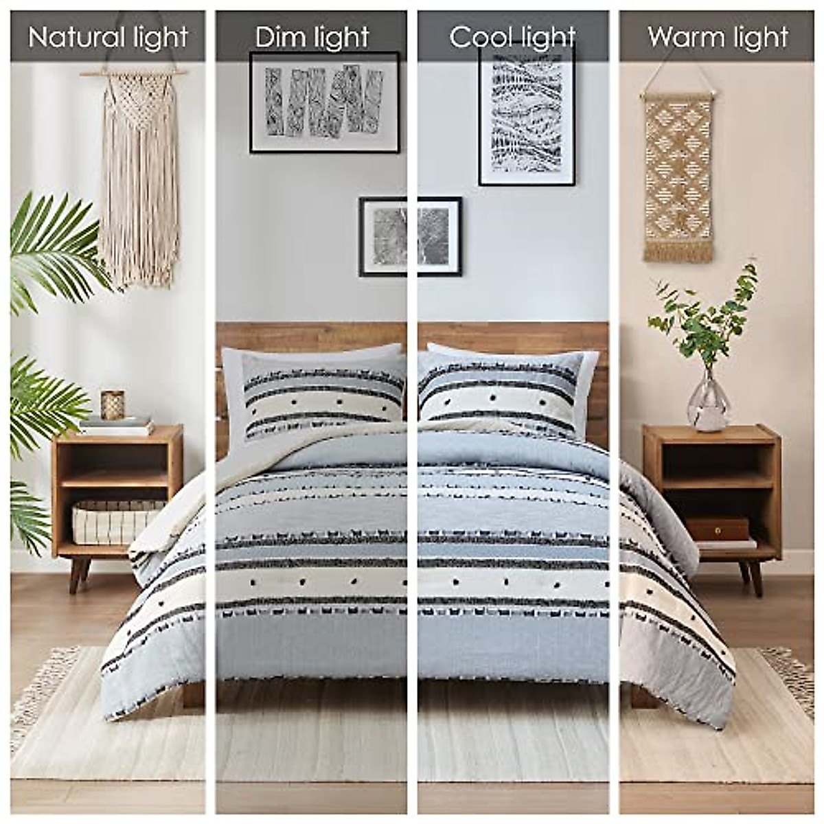 Hyde Lane Boho Blue King Comforter Set ，Modern Farmhouse Tufted Bedding Sets, Cotton Top with Neutral Rustic Style Clipped Jacquard Stripes, 3-Pieces Including Matching Pillow Shams (104x90 Inches)