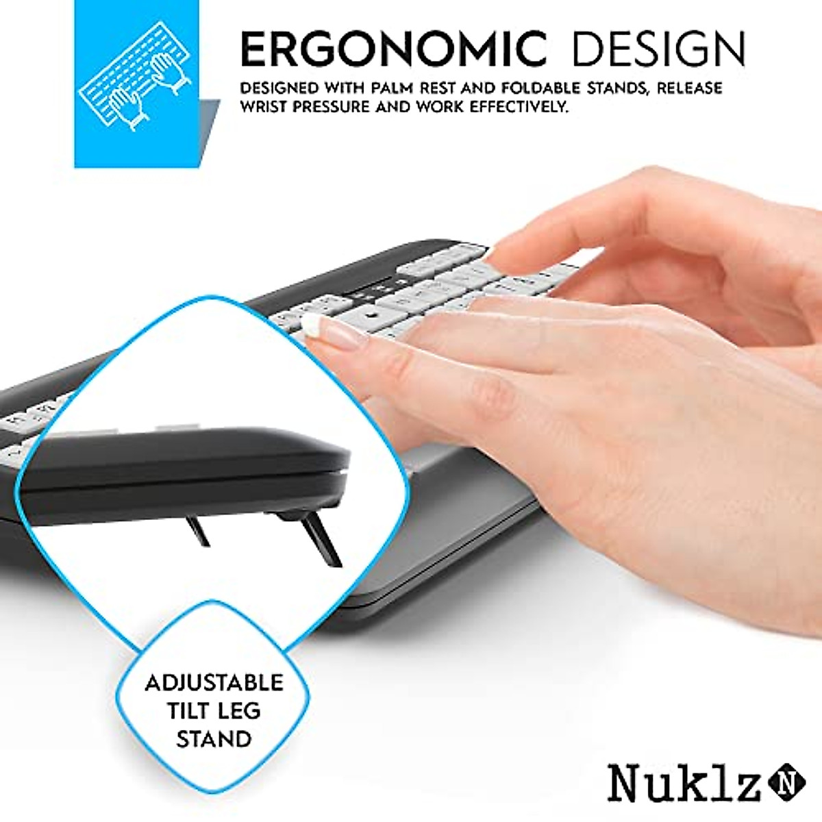 Nuklz N Magnus 325 | Wireless Large Print Full Size Computer Keyboard | High Contrast Black & White Keys | Soft Buttons | Ideal for Visually Impaired, Beginners and Seniors | Plug & Play