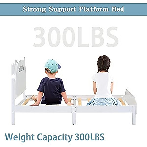 Twin Size Platform Bed with Bear-Shaped Headboard, Wood Frame Bed with Motion Activated Night Lights, Children Beds for Bedrooms, White