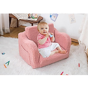 Furnishh Kids Sofa Couch Fold Out, Baby Toddler Comfy Soft Chair for Boys Girls, Flip Out Foldable Children 2 in 1 Convertible Sofa to Lounger, Folding Child Sleeper for Playroom, Pink