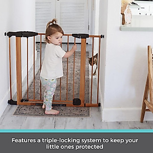 Toddleroo by North States Woodcraft Steel Baby Gate: Self-Closing Child Gate with Hold-Open Feature. Pressure Mounted Baby Gate with Door, Fits Openings 29.75” to 40.5” Wide. (30" Tall, Brown)