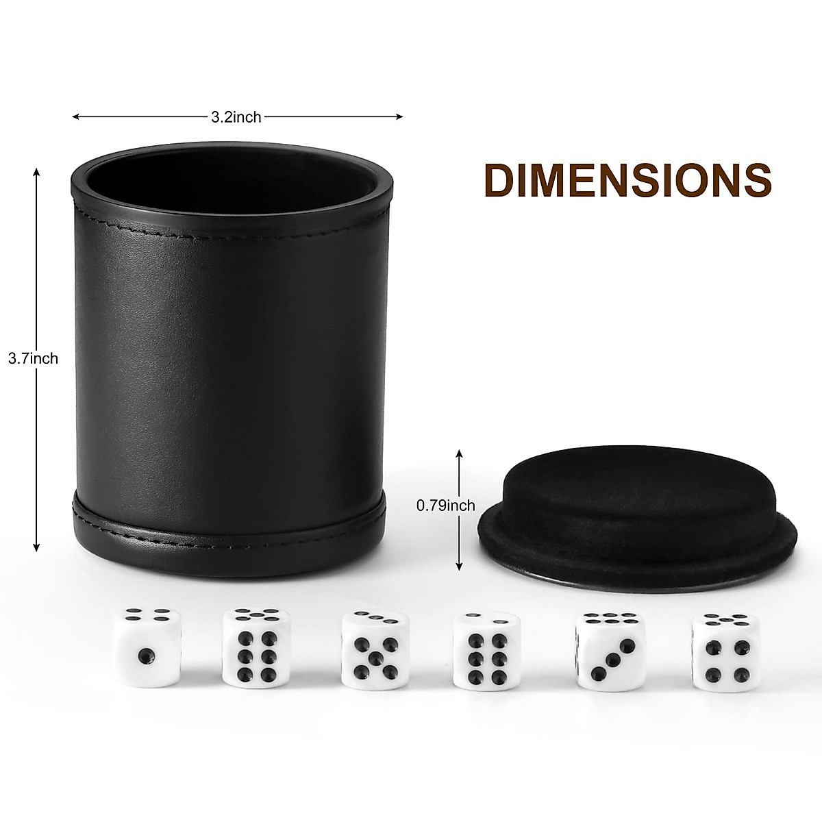 Dice Cup with Lid, PU Leather and Felt-Lined, Quiet Shaker for Yahtzee Farkle Dice Board Games, Set of Six 16mm Dice Included