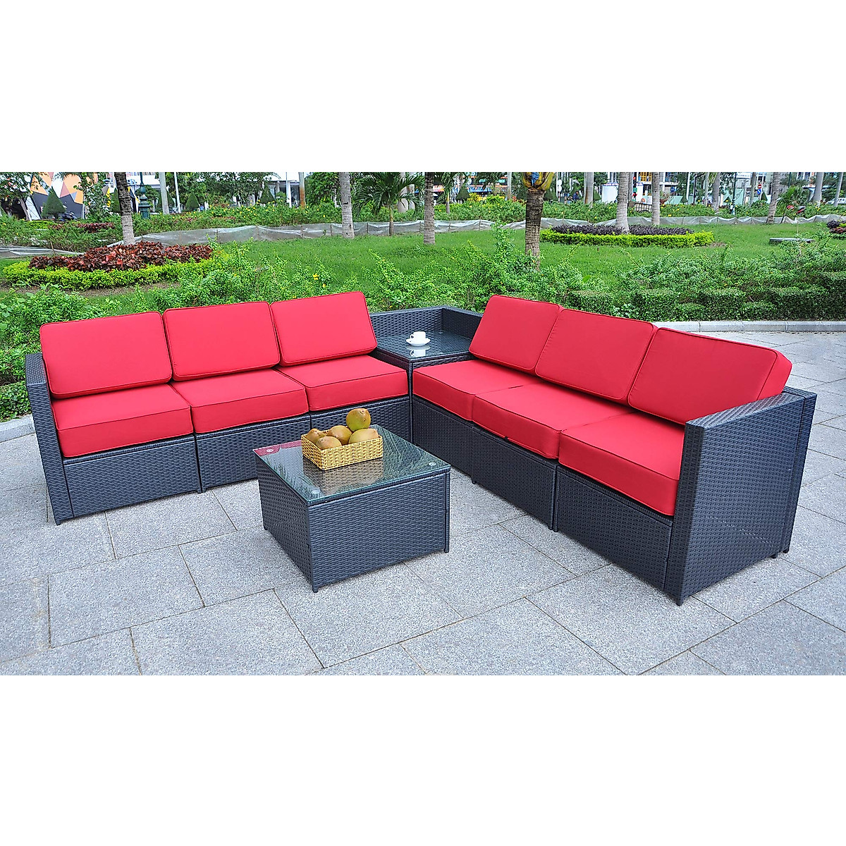 MCombo Outdoor Patio Black Wicker Furniture Sectional Set Resin Rattan Chair Conversation Sofas with Cushion Covers 6085-1008 (Red)