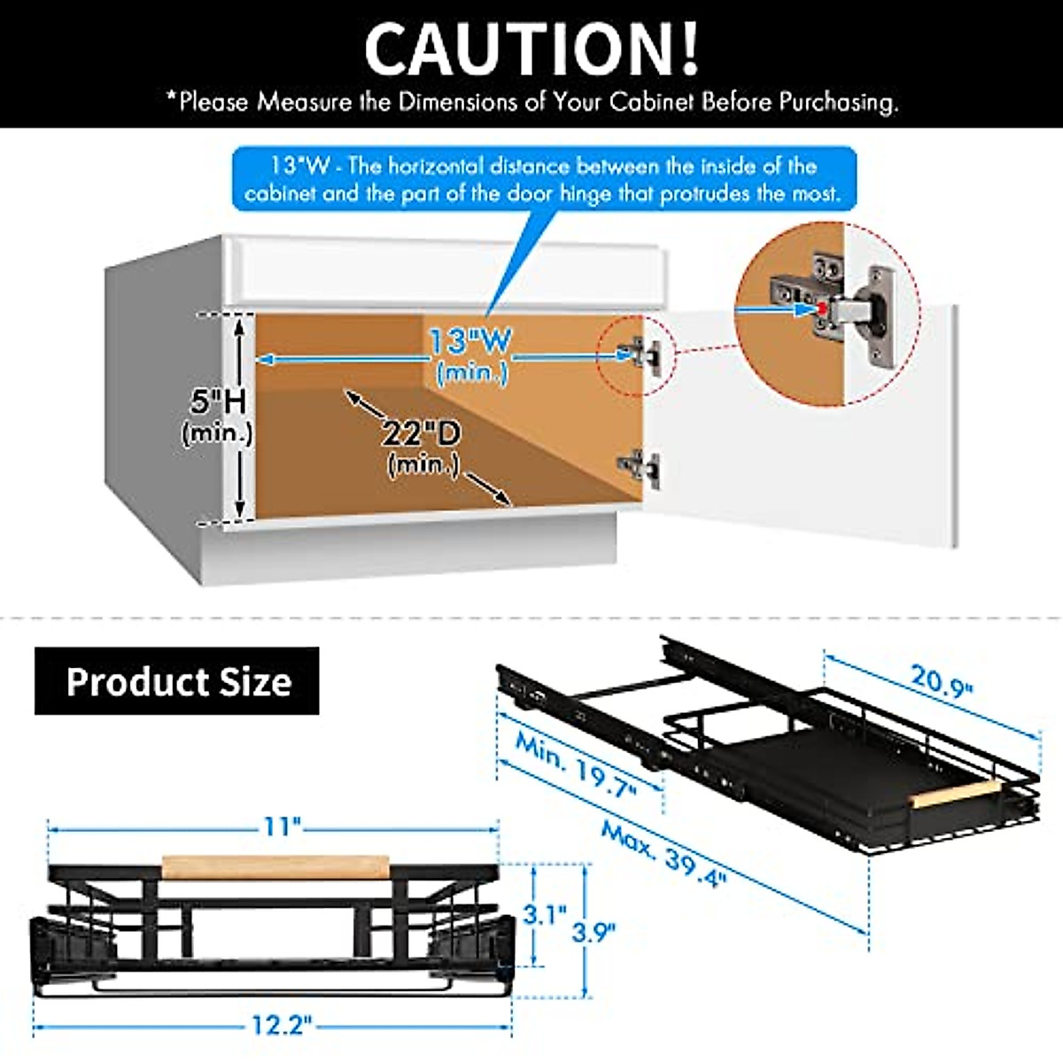 KES Pull Out Cabinet Organizer, 12" Wide Kitchen Bathroom Cabinet Drawer Heavy Duty Under Cabinet Slide Out Organizer Storage Shelves, Wooden Handle with Soft Close Black, KPO501W30D53-BK