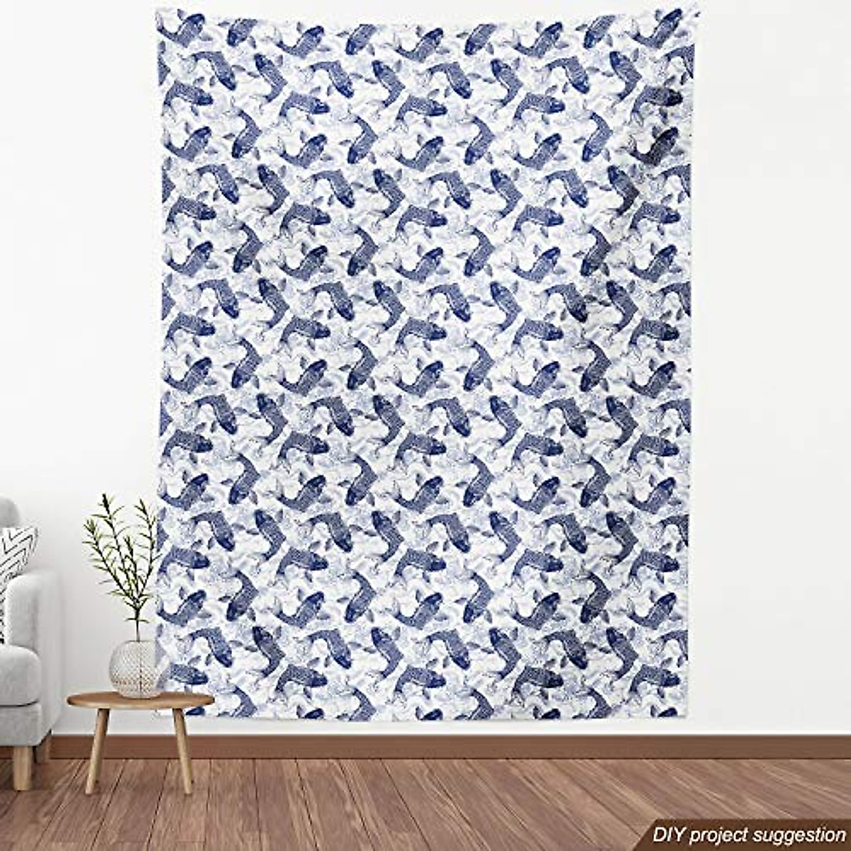 Ambesonne Fish Fabric Material by the Yard, Japanese Carp Koi Waves Patterned Background Ancestral Animals Culture, Decorative Cloth for Furnishing Sofa Upholstery and Home Accents, 1 Yard, White Blue