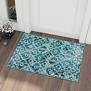 Wonnitar Moroccan Washable Area Rug - Small 2x3 Teal Distressed Entryway Rug Doormat Modern Geometric Non-Slip Throw Rug Faux Wool Floor Carpet for Bathroom Laundry Indoor Office (Teal,2'x3')