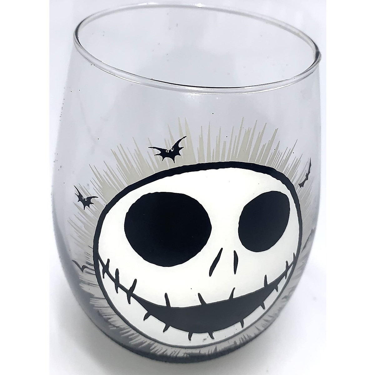 Disney Tim Burton’s The Nightmare Before Christmas Jack Skellington Face 20 Ounce Stemless Wine Glass with Glitter Base - Official Kitchen Collectible Novelty Drinkware Gifts