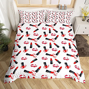 Feelyou Kiss Duvet Cover Set Queen Size, Feminine Red Lips Comforter Cover Set, Lipstick Print Decor Sexy Mouth Makeup Pattern Bedding Set, Bedding Collection Burgundy Pink Bedspread Cover