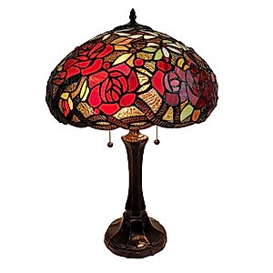 Tiffany Style Table Lamp Banker 24" Tall Stained Glass Yellow Brown Red Floral Roses Vintage Light Décor Nightstand Living Room Bedroom Office Handmade Gift AM1535TL16B Amora Lighting
