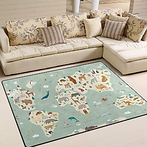 Vantaso Soft Foam Area Rugs World Map Animals Non Slip Play Mats for Kids Boys Girls Playing Room Living Room 80x58 inch