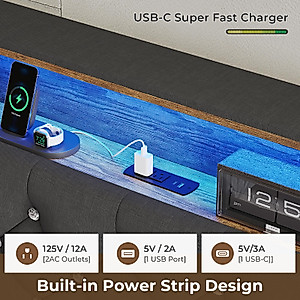 ADORNEVE Queen Floating Bed Frame with Storage Headboard and RGB LED Lights, Linen Upholstered Platform Floating Bed with USB-C/A Charging Station,Innovative Stable Structure,Dark Gray