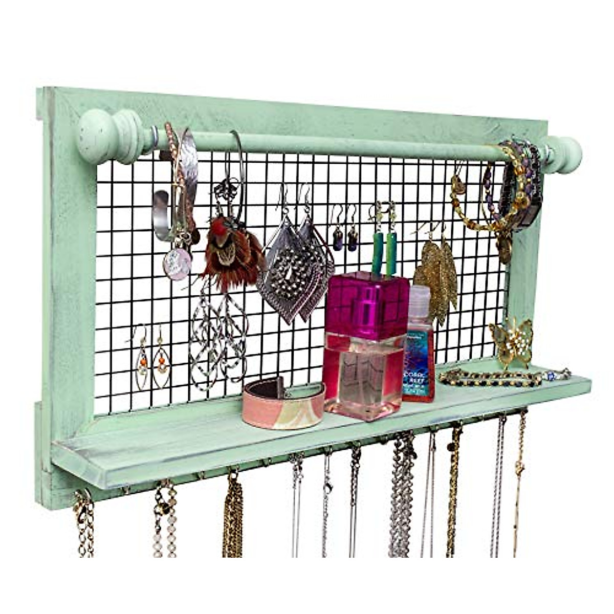 SoCal Buttercup Shabby Chic Jewelry Organizer with Removable Bracelet Rod from Wooden Wall Mounted Holder for Earrings Necklaces Bracelets and Other Accessories