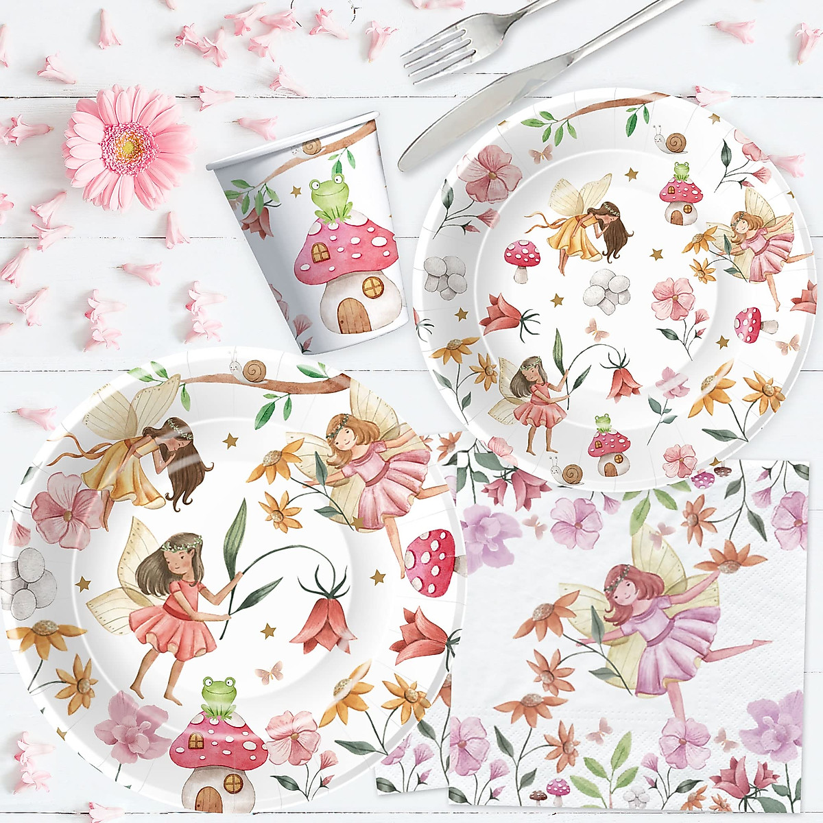 Xigejob Fairy Birthday Party Supplies - Fairy Party Decorations Dinnerware For Birthday & Baby Shower, Plate, Cup, Napkin, Flower Fairies Enchanted Forest Garden Theme Party Supplies | Serve 24