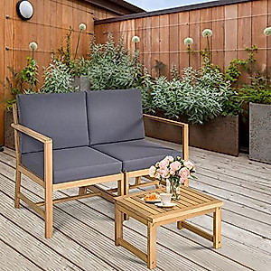 WYKDD 3 PCS Patio Table Chairs Set Solid Wood Thick Cushion Sectional Garden Furniture
