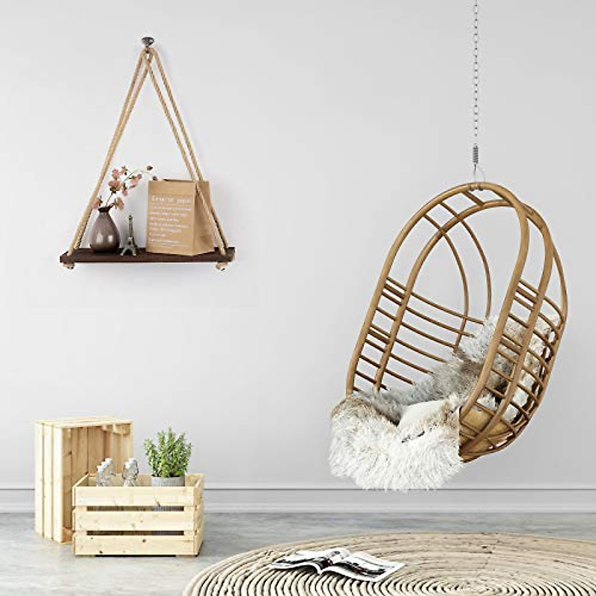 NANARDOSO Hanging Shelves for Wall, Rustic Hanging Plant Shelf Swing Rope Window Wood Floating Shelf for Bedroom Living Room Bathroom Kitchen, Set of 4