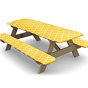 Ruisita 3 Pieces 72 Inches Plastic Picnic Table and Bench Fitted Tablecloth Cover Garden Bench Tablecloth Long Chair Covers Set for Picnics Indoor and Outdoor Dining, Yellow