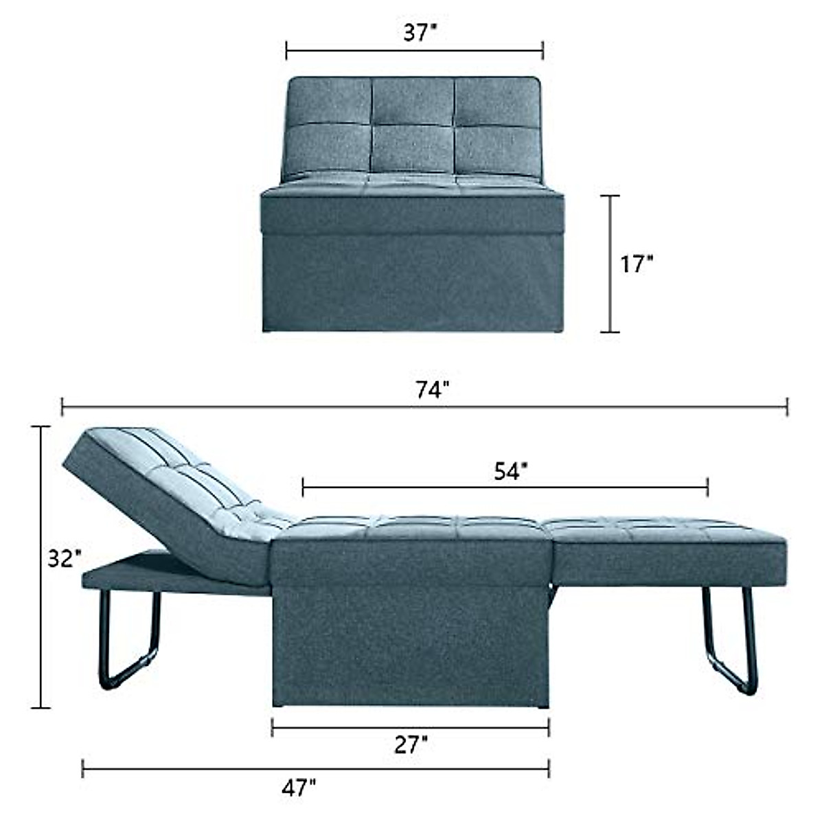 Vonanda Sofa Bed, Convertible Chair 4 in 1 Multi-Function Folding Ottoman Modern Breathable Linen Guest Bed with Adjustable Sleeper for Small Room Apartment,Denim Blue