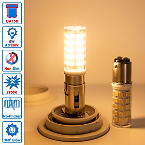 Ziomitus BA15D 120 Volt Double Contact/DC Bayonet Base Led Light Bulbs 50 Watt-75 Watt Replacement, T3/T4/C7/S6, 2700K Soft Warm White BA15D 5W Led Sewing Machine Bulbs, Non-dimmable, 5Pack