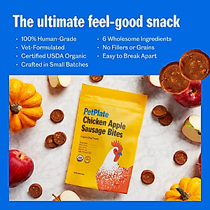PetPlate Chicken Apple Sausage Bites, Human Grade Dog Treats, All Life Stages, Grain-Free, Organic and Real Ingredients, High Protein, Healthy Snacks (Pack of 1, 4.5 Ounce)
