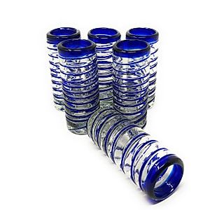 Dos Sueños Hand Blown Mexican Tequila Shot Glasses – Set of 6 Blue Spiral Tequila Shot Glasses (2 oz each) …
