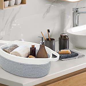 ArcaGuru Small Woven Basket with Handles, Empty Storage Baske for Gifts, Rope Room Shelf Storage Basket for Towels, Snacks, Dog Toy Basket, Pack of 2, Gray